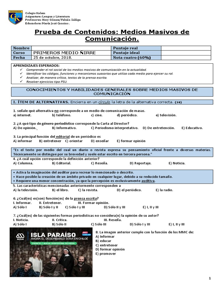 Prueba Medios Masivos de Comunicacion Primero Ñirre. | PDF | Facebook ...