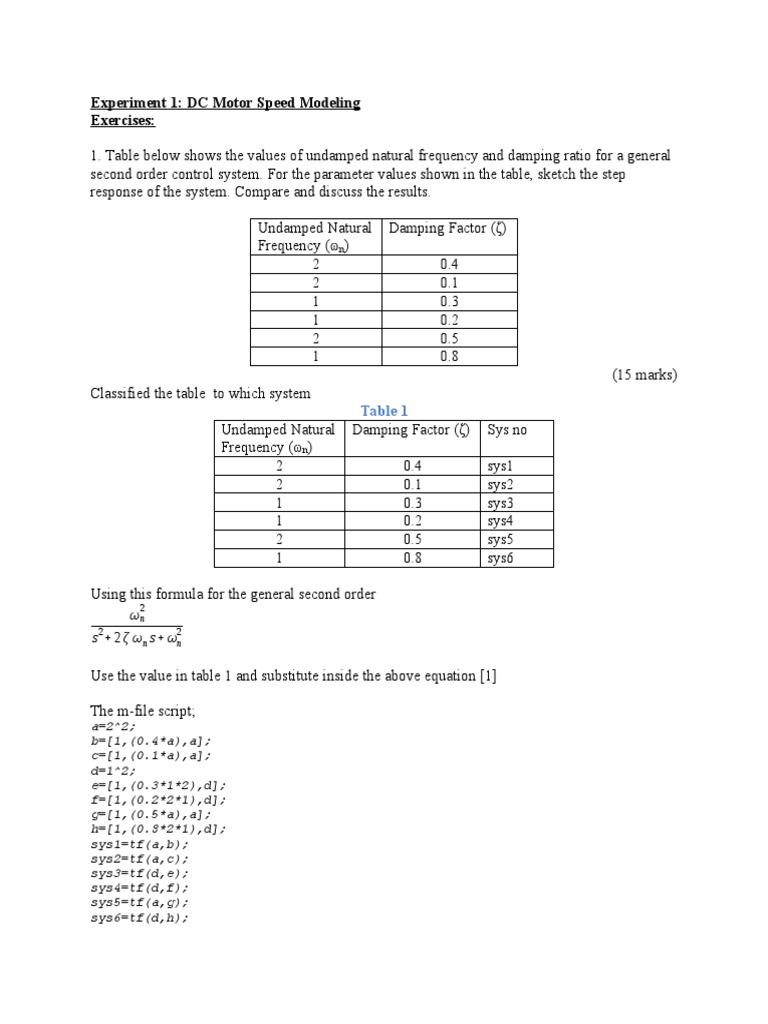 Experiment 1: DC Motor Speed Modeling Exercises:: Table 1 | PDF | Damping | Physical Quantities