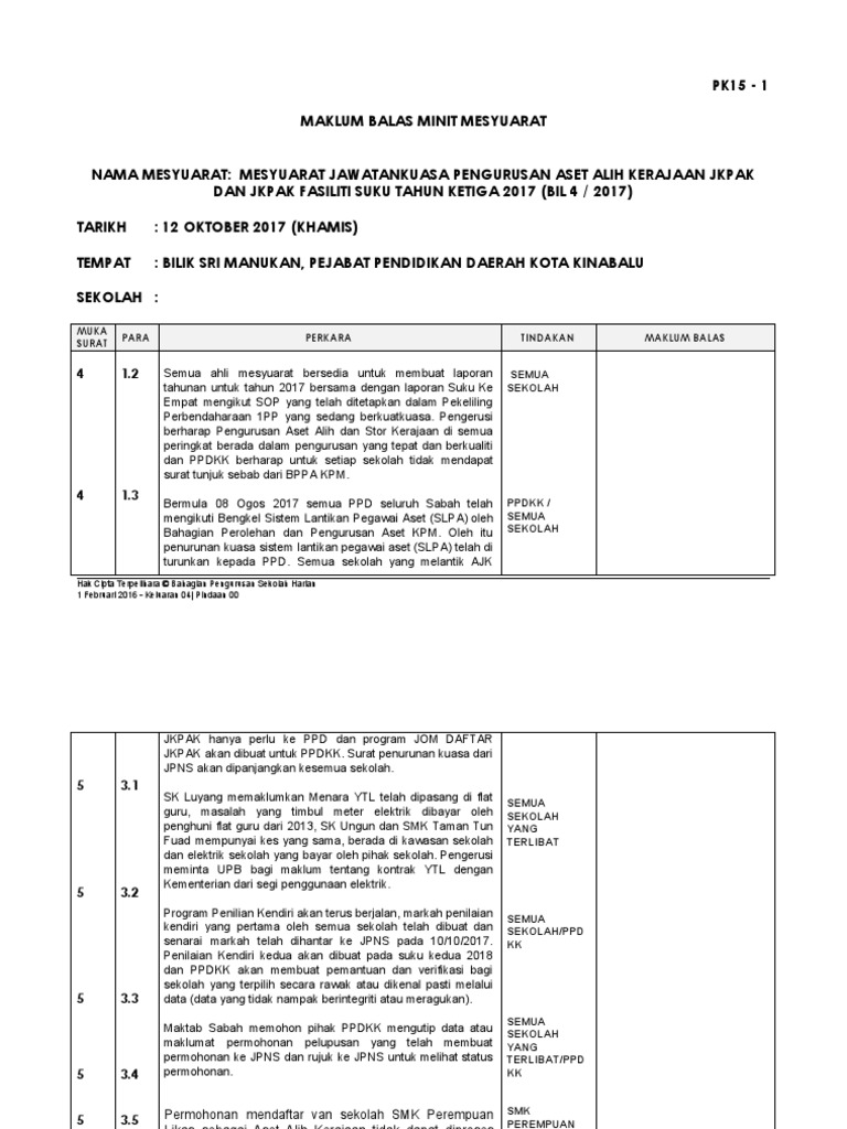 Maklum Balas Mesyuarat Jkpak Dan Fasiliti Suku 3 (Bil 4. 2017) | PDF