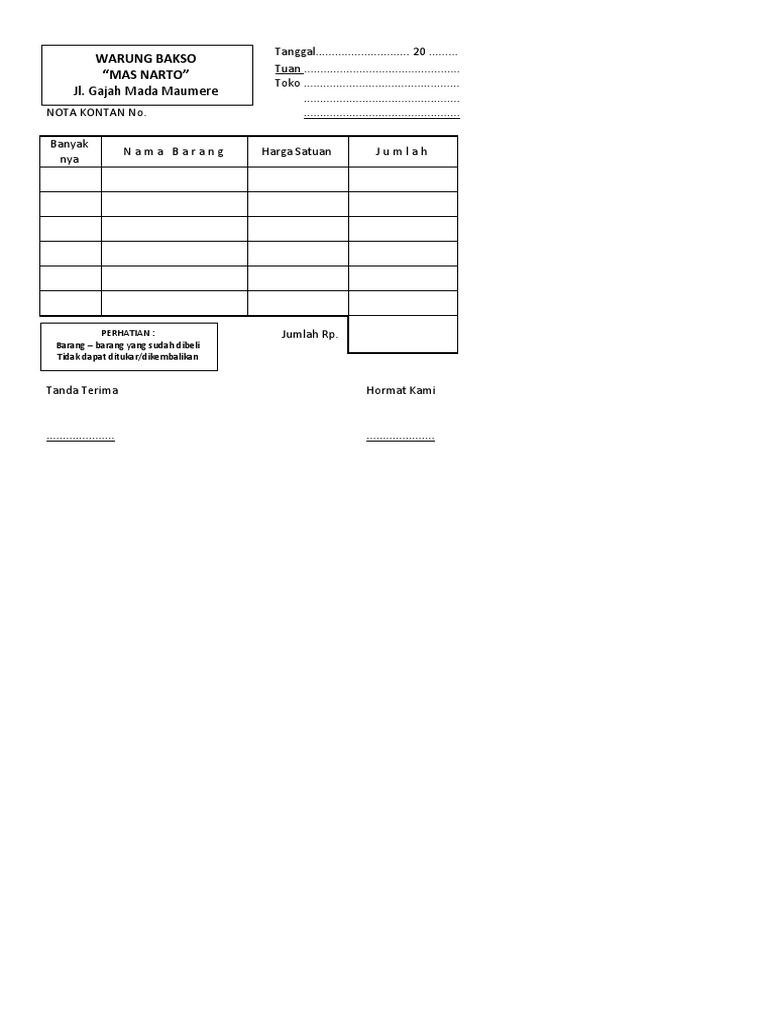 Contoh Nota Kontan Warung Bakso | PDF