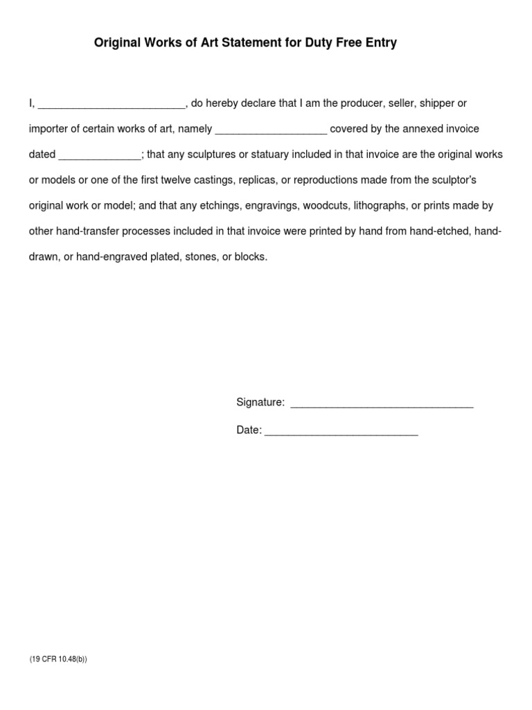 Duty Free Entry Certificate for Art | PDF