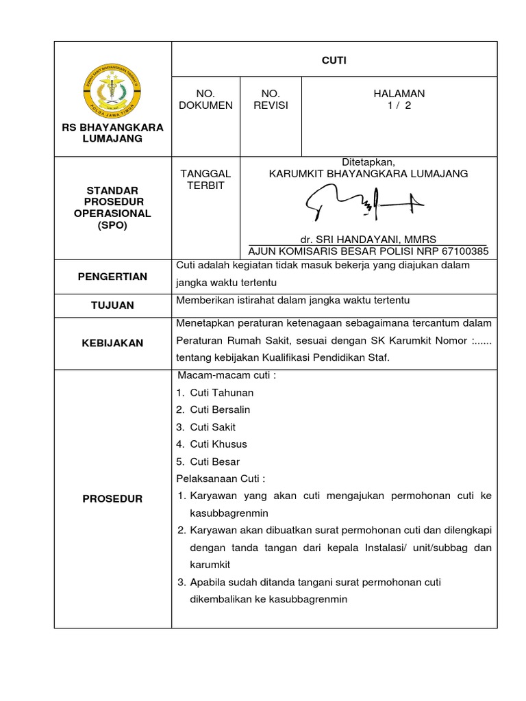 SOP CUTI Rumah Sakit | PDF