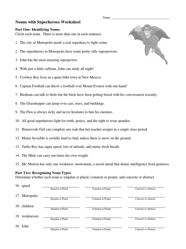 Nouns With Superheroes Worksheet PDF | PDF
