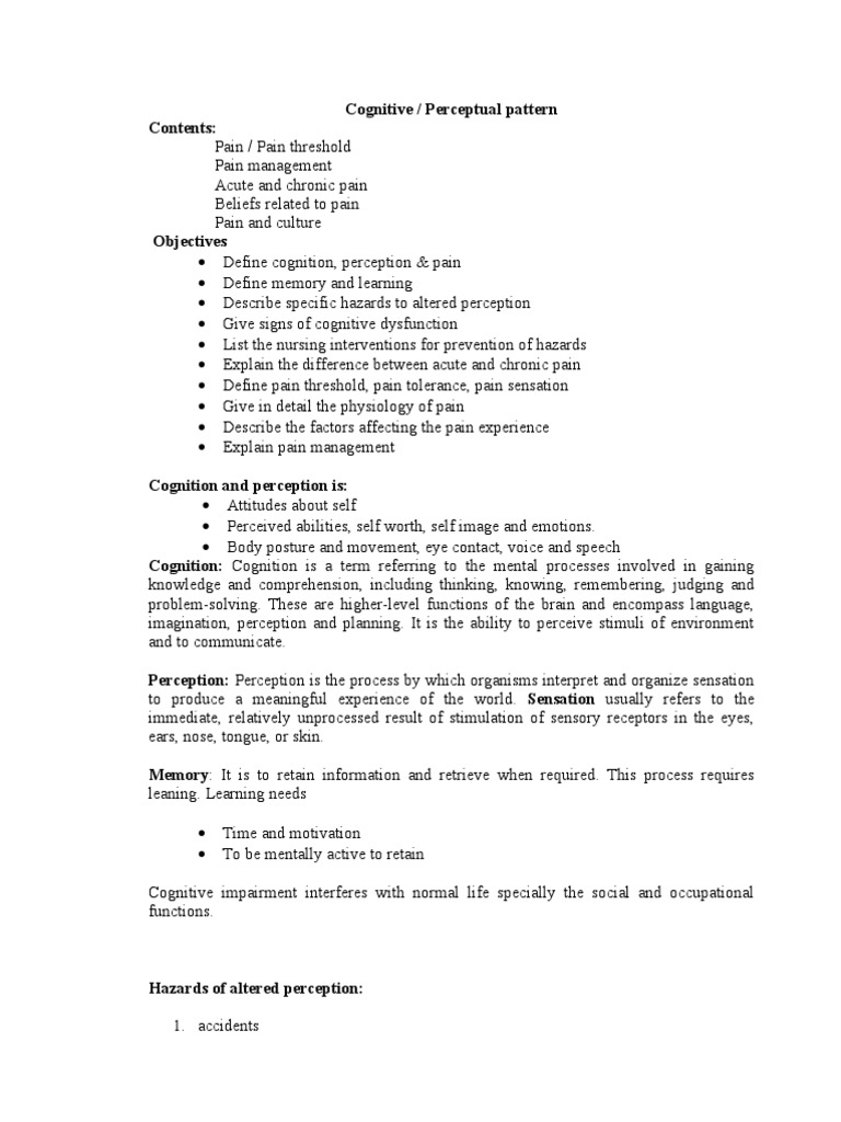 Cognitive Perception Pattern of Nursing Care | PDF | Pain | Sleep