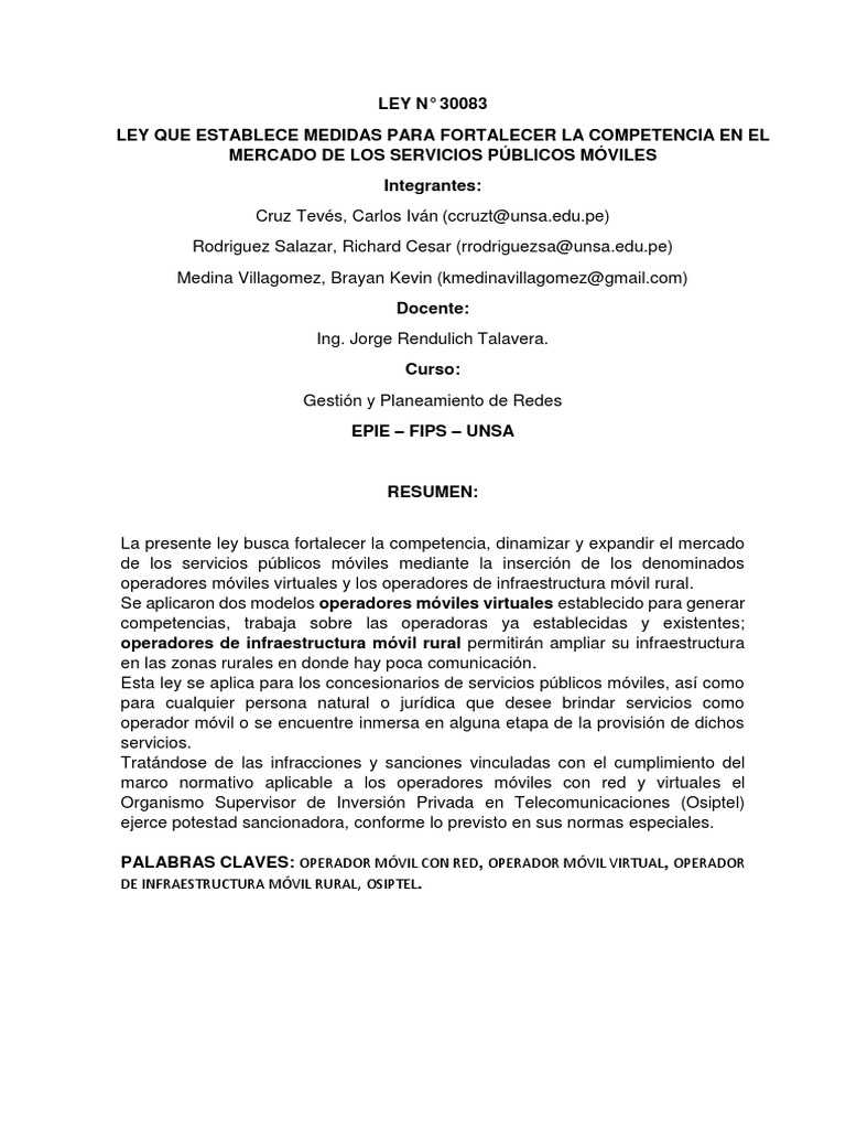Ley N 30083 - Avanze | PDF | Telefonía móvil | Estatuto