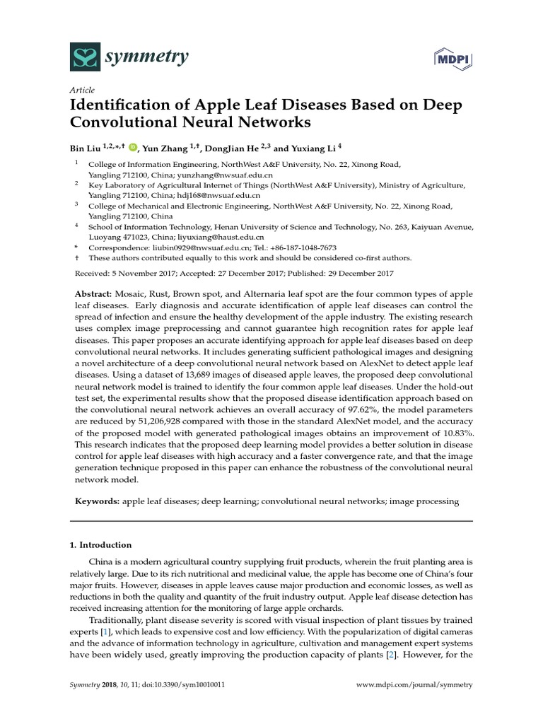 Symmetry: Identification of Apple Leaf Diseases Based On Deep Convolutional Neural Networks ...