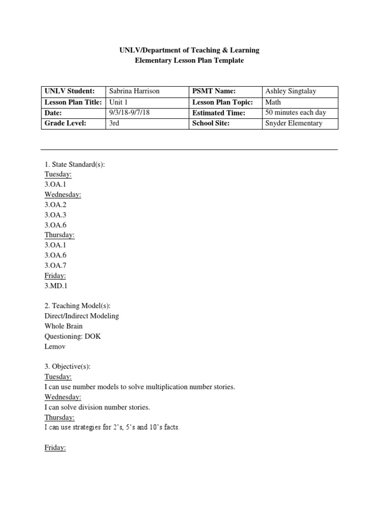UNLV/Department of Teaching & Learning Elementary Lesson Plan Template ...
