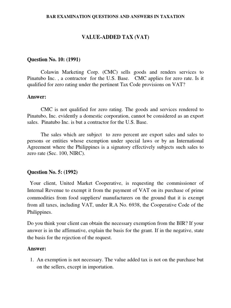 Value-Added Tax (Vat) : Bar Examination Questions and Answers in ...
