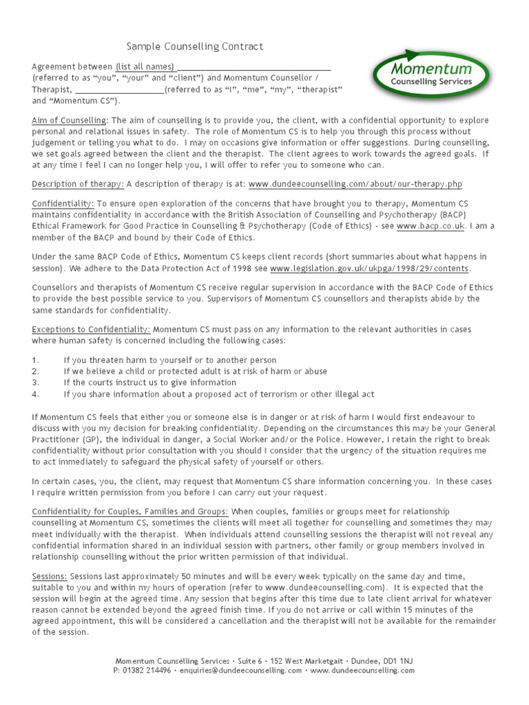 Sample Contract | Download Free PDF | Confidentiality | Psychotherapy