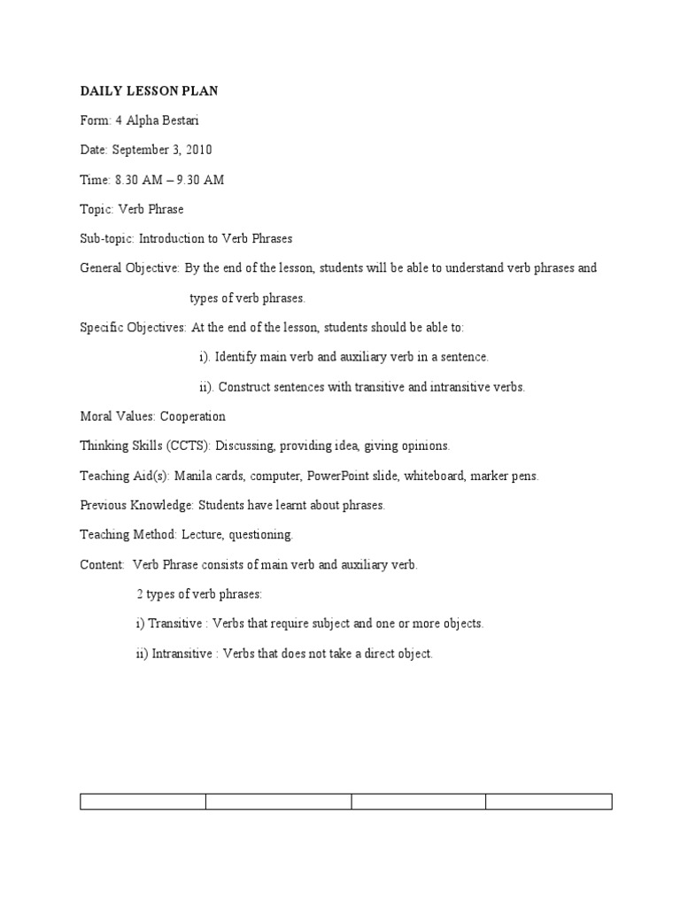 Verb Phrase Lesson Plan for Grade 4 | PDF | Verb | Lesson Plan
