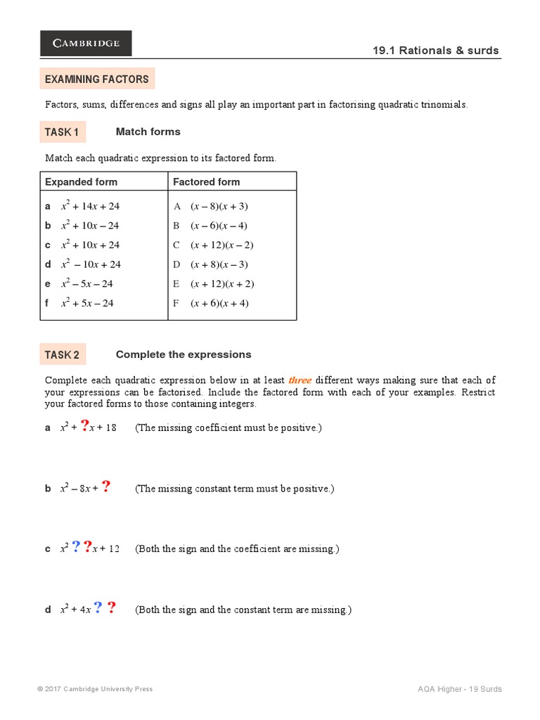 Factorizing Quadratics and Completing Expressions: Working with Factors ...
