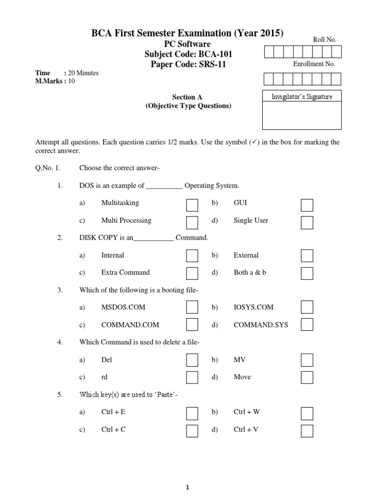 BCA First Semester Examination (Year 2015) : PC Software Subject Code: BCA-101 Paper Code: SRS ...