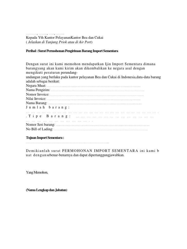 Surat Permohonan Import Sementara | PDF