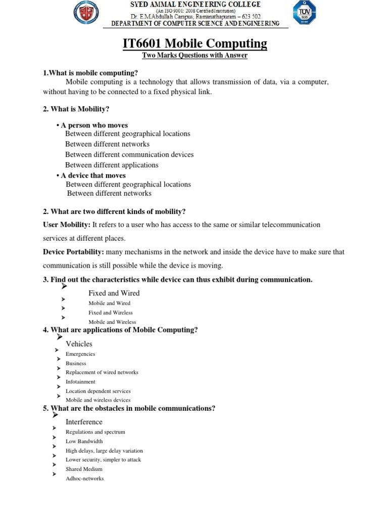 IT6601 Mobile Computing: Two Marks Questions With Answer | Download Free PDF | Transmission ...
