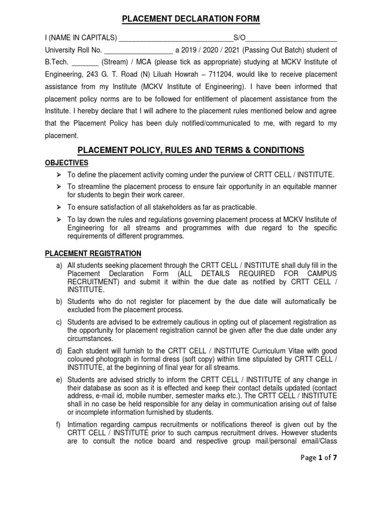 MCKV Institute Placement Declaration Form | PDF | Committee | Recruitment