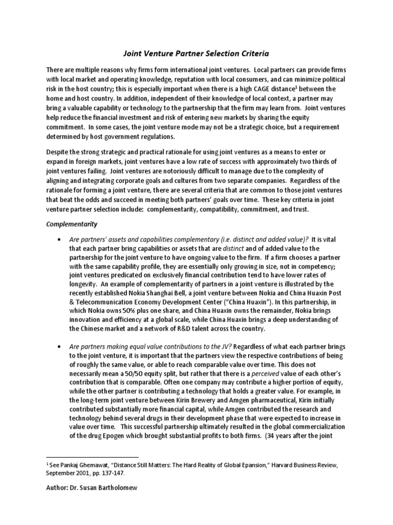 Joint Venture Partner Selection Criteria | Download Free PDF | Joint ...