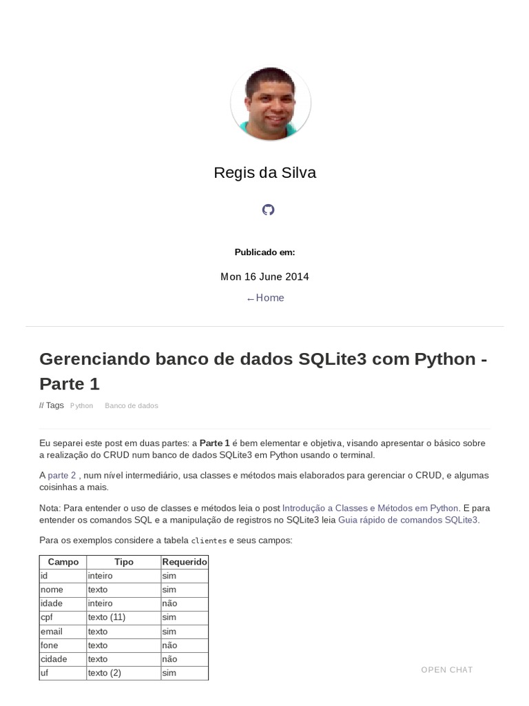 Gerenciando Banco de Dados SQLite3 Com Python - Parte 1 Por Regis Da Silva | Download grátis PDF ...