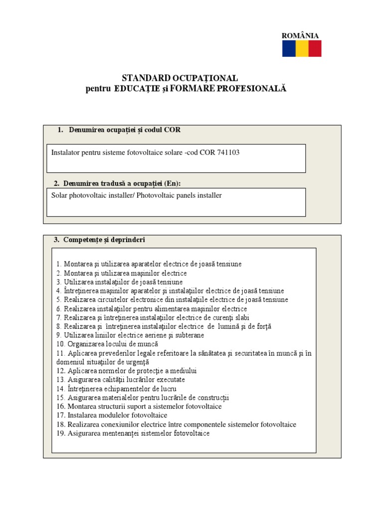 Standard Ocupational Instalator Fotovoltaice | PDF