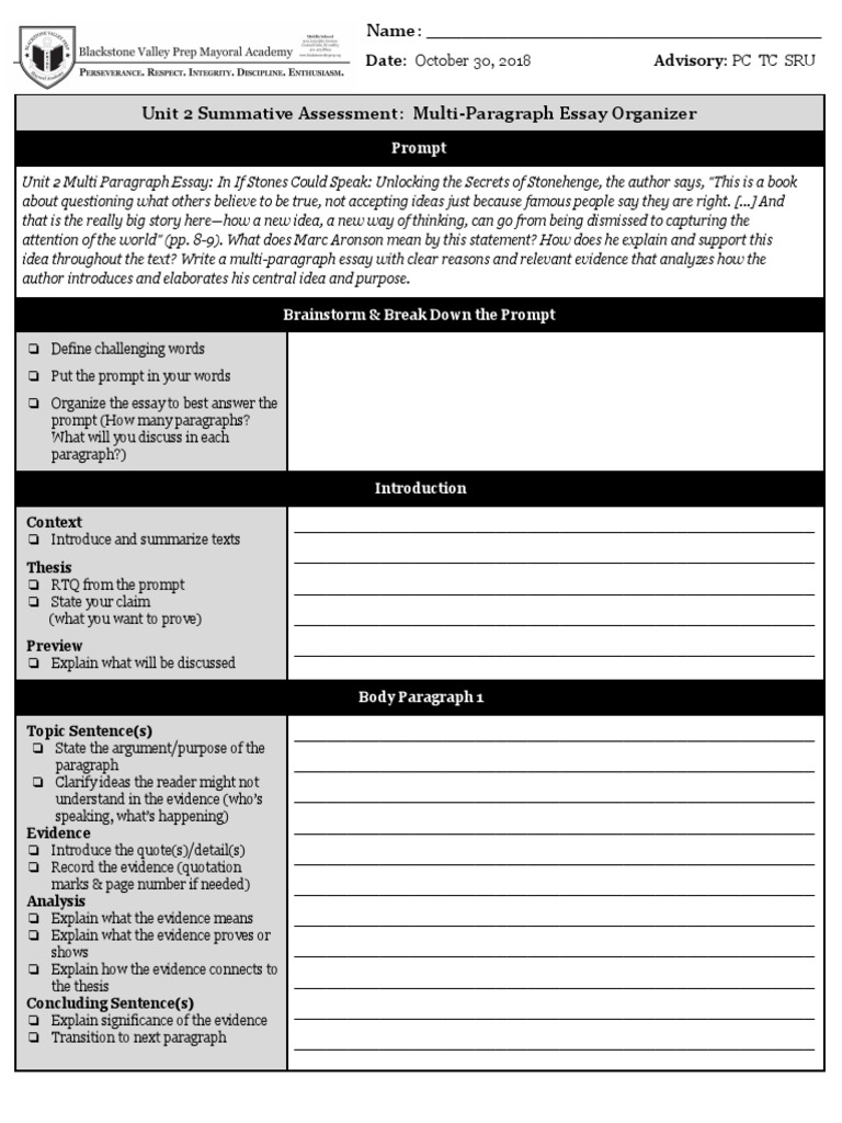 Unit 2 Summative Assessment Multi-Paragraph Essay Organizer 10 2f30 ...