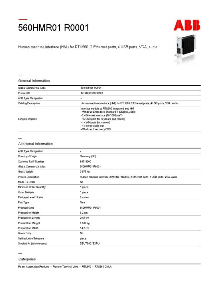 1KGT030500R0001 Human Machine Interface Hmi For Rtu560 2 Ethernet Ports ...