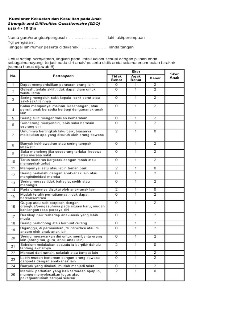 SDQ Untuk Di Print | PDF