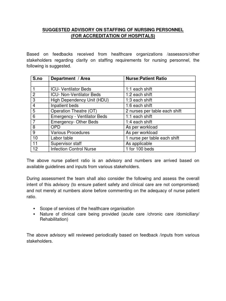 Nursing Staff Ratios Advisory for Hospital Accreditation | PDF