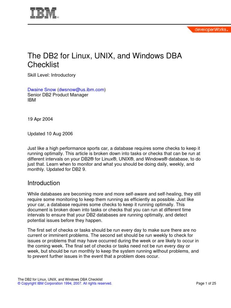 DB2 DBA Checklist | PDF | Ibm Db2 | Database Index