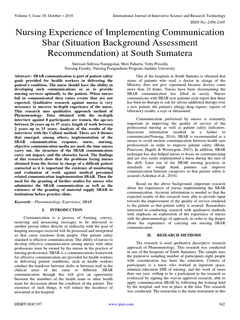 Nursing Experience of Implementing Communication Sbar (Situation ...