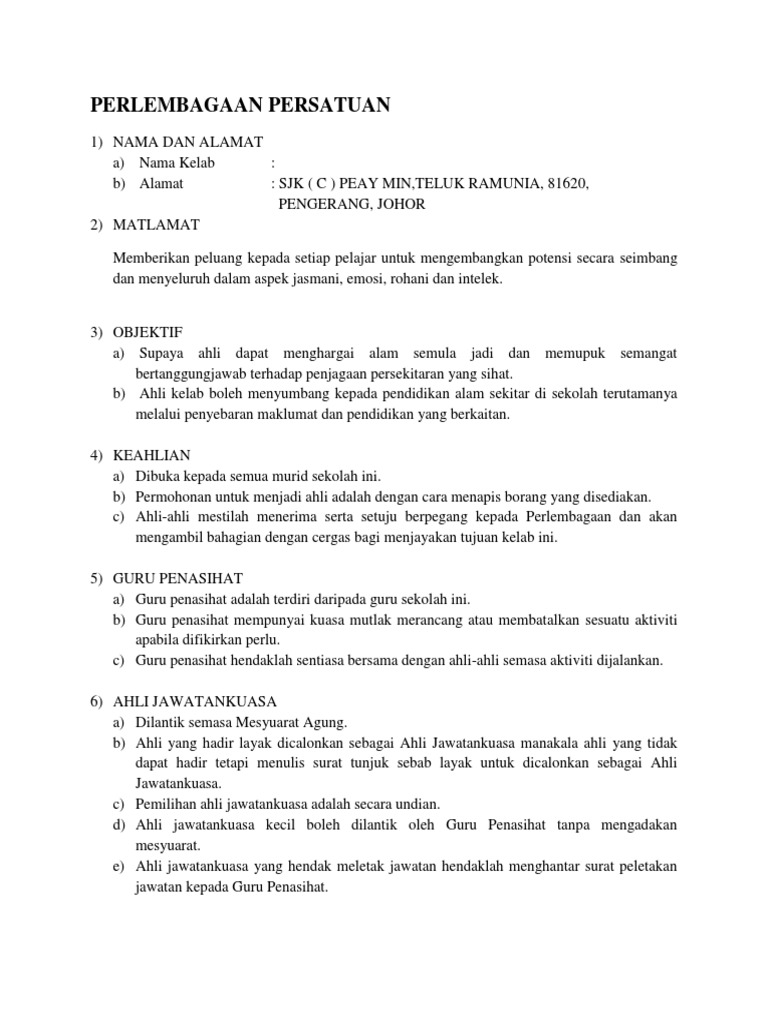 FORMAT Perlembagaan Persatuan | PDF