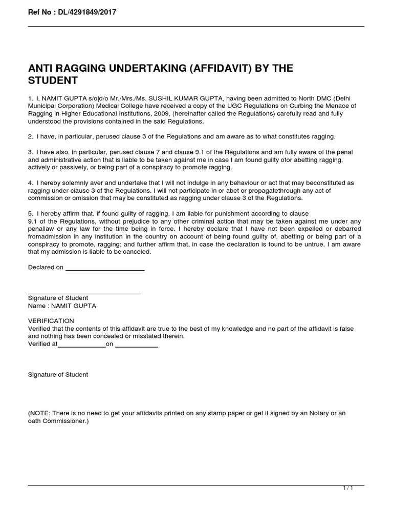 Anti Ragging Undertaking (Affidavit) by The Student | PDF