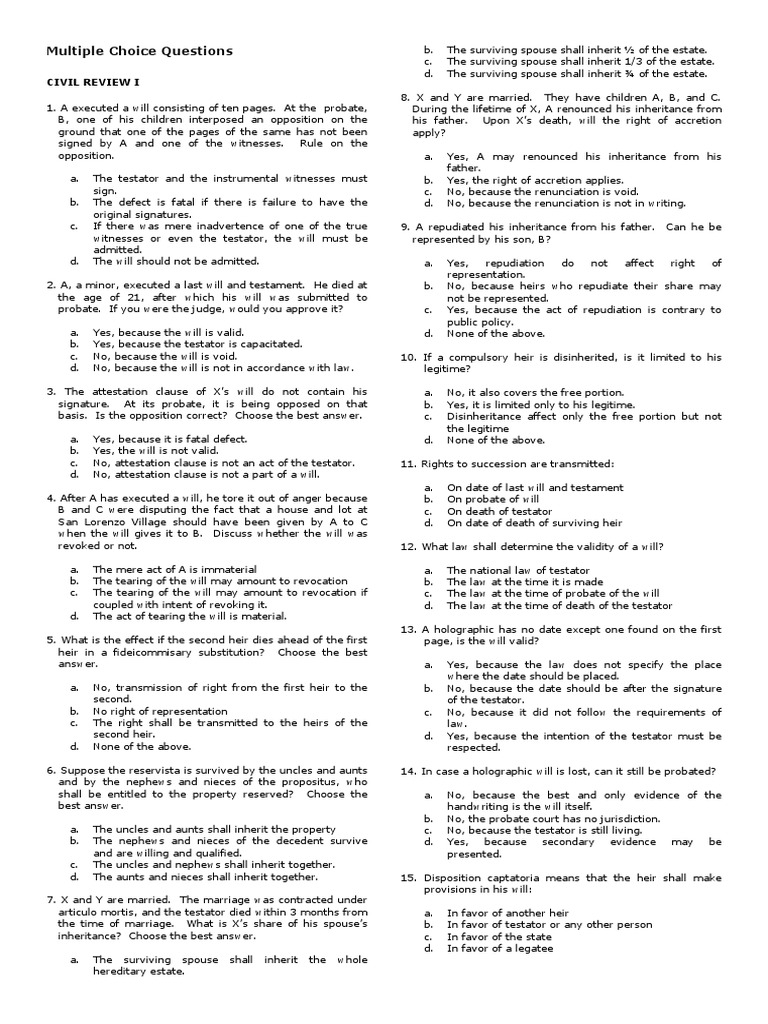 Analysis of Multiple Choice Questions on Civil Law Succession and Wills ...