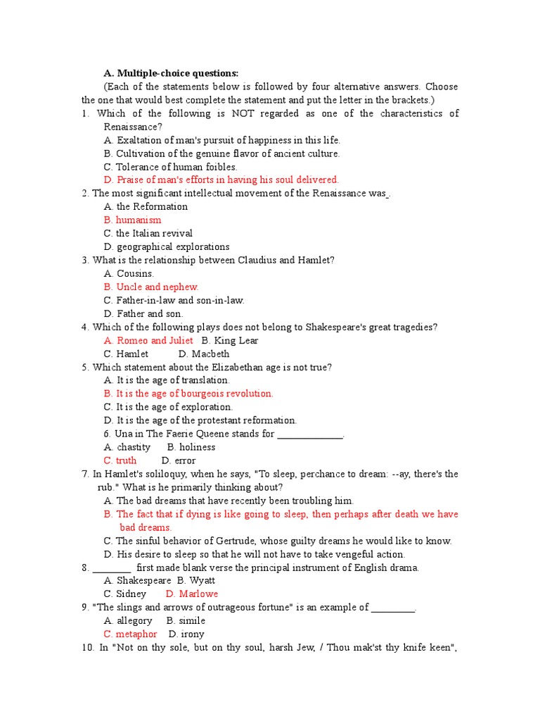 A. Multiple-Choice Questions | PDF | English Literature | Poetry