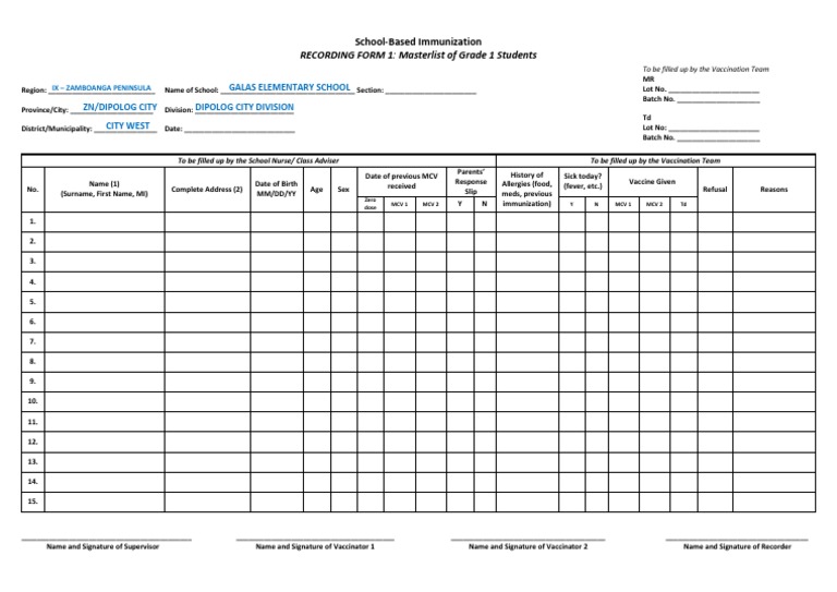 Master Immunization Record for Grade 1 Students at Galas Elementary ...