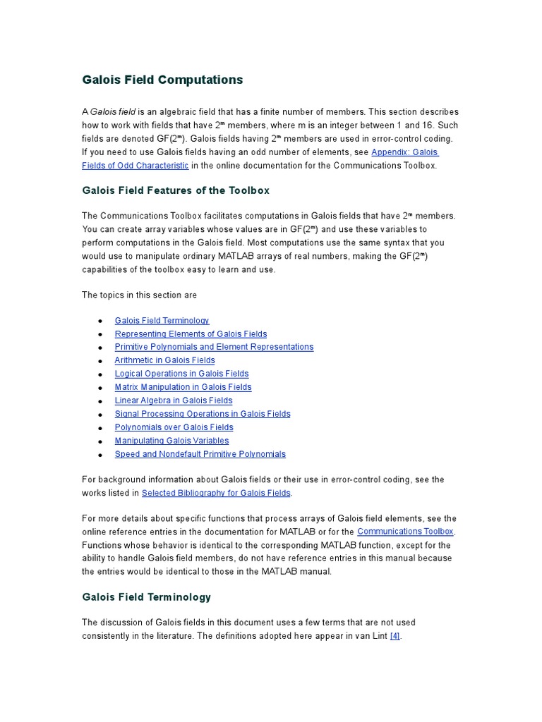 Galois Field Operations in MATLAB | PDF | Field (Mathematics) | Matrix ...