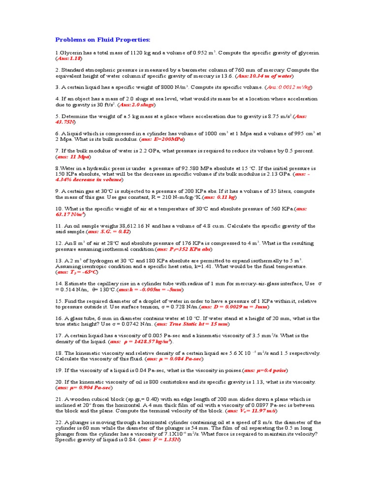 Problems On Fluid Properties | PDF | Pressure | Viscosity