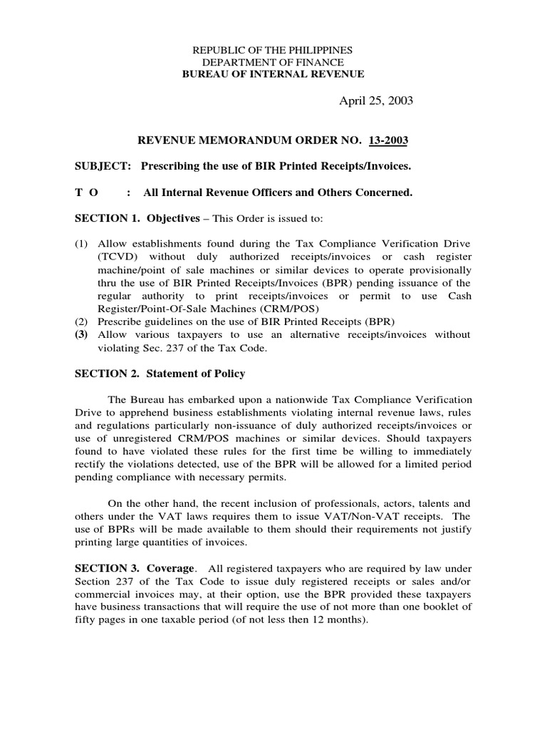 Rmo 13-2003 Prescribing The Use of Bir Printed Receipts | PDF | Receipt | Point Of Sale