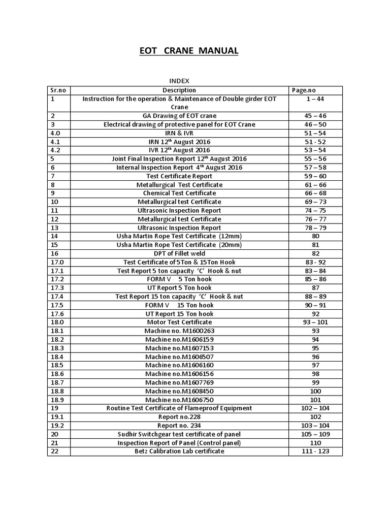 EOT Crane Manual Index | PDF | Crane (Machine) | Mechanical Engineering