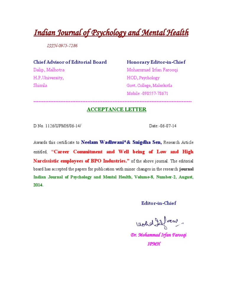 Acceptance Letter for Research Article | PDF