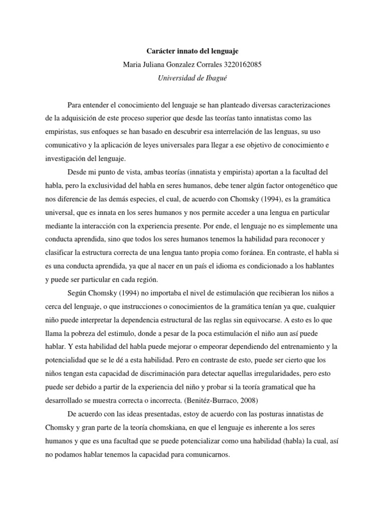 Carácter Innato Del Lenguaje | PDF | Noam Chomsky | Aquisición de idioma