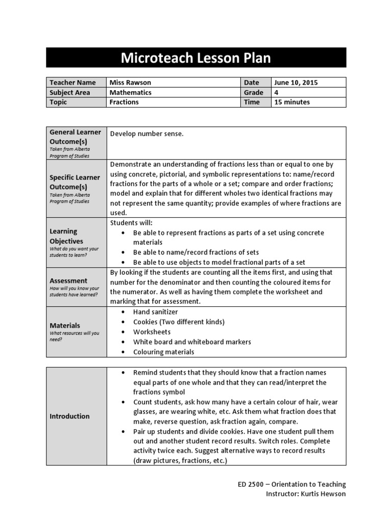 Microteach Lesson Plan Template | PDF | Fraction (Mathematics) | Lesson ...