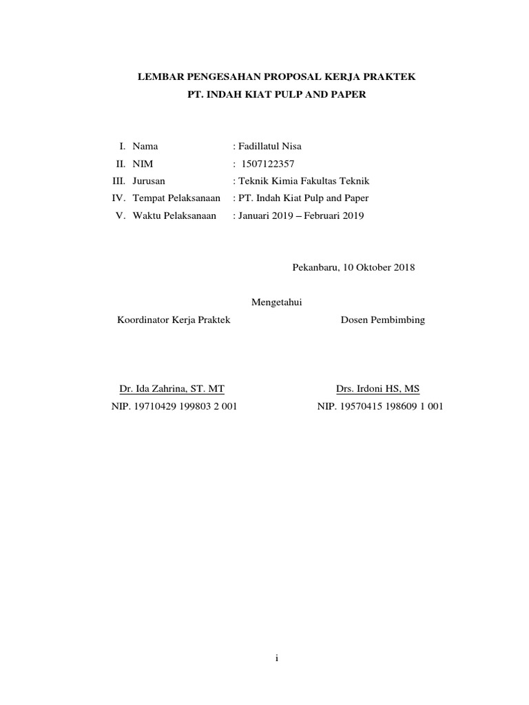 Lembar Pengesahan Proposal Kerja Praktek