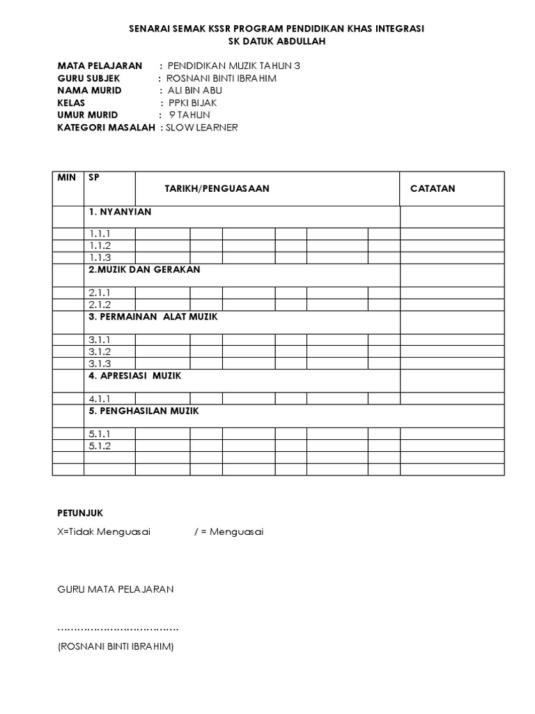 Senarai Semak THN 3 P.muzik P.khas | PDF