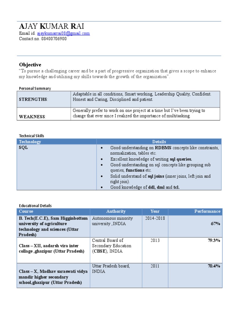 Ajay Kumar Rai: Objective | PDF | Sql