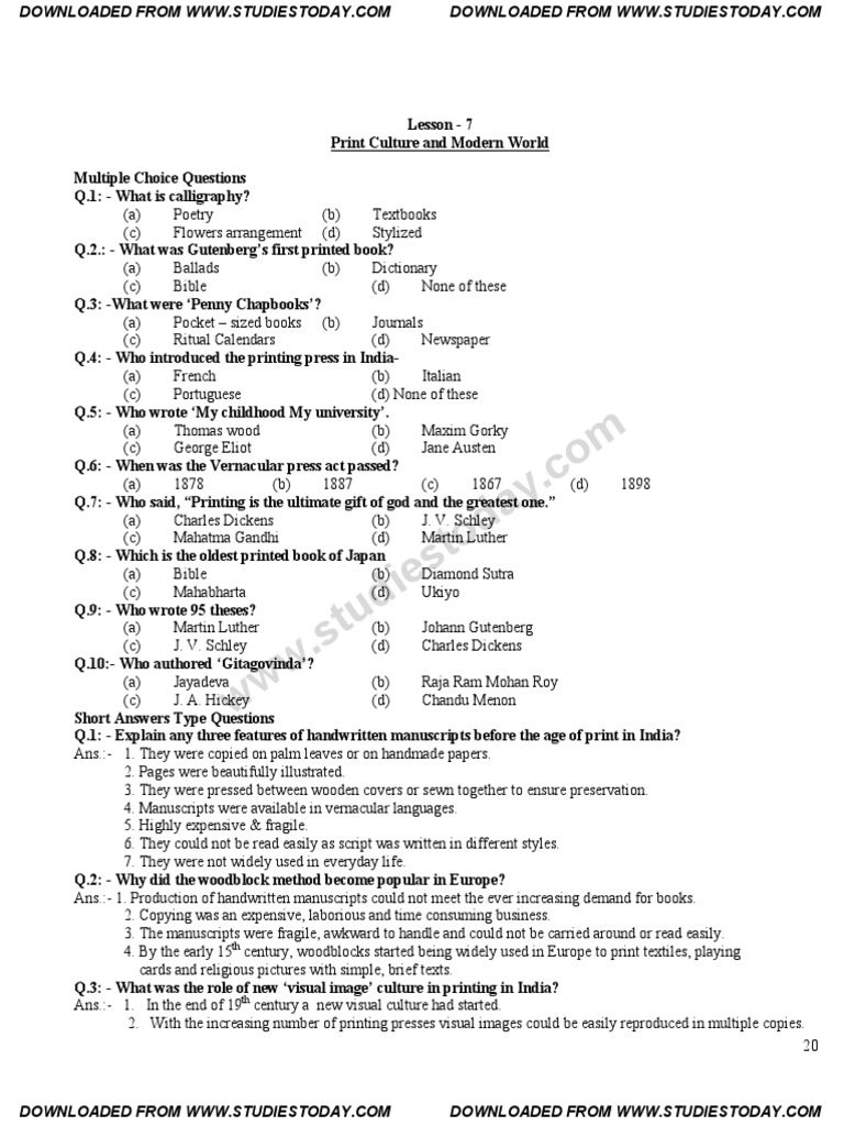 CBSE Class 10 History Print Culture and Modern World | PDF | Printing ...