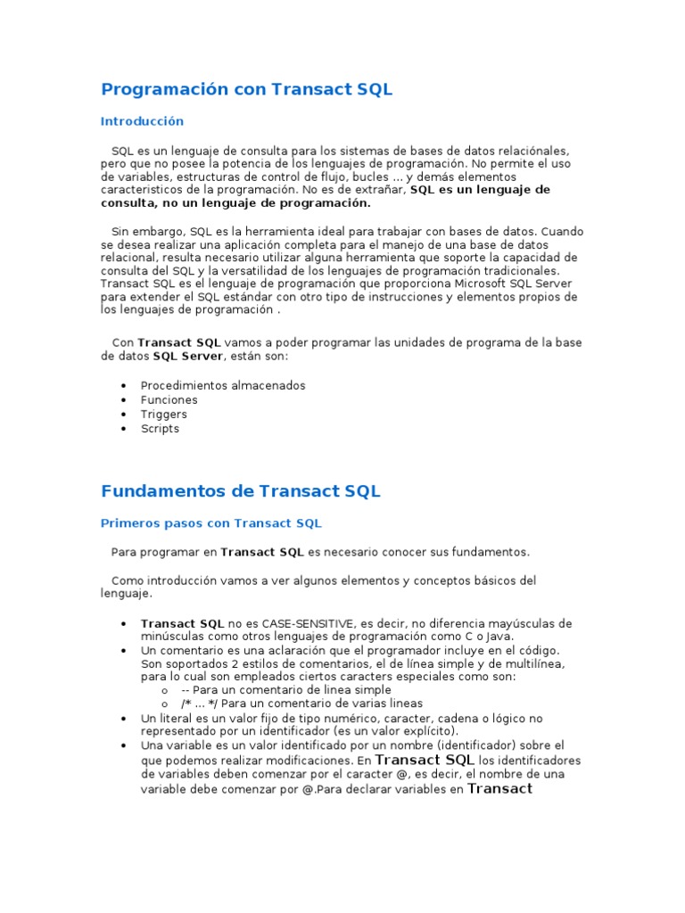 Programación Con Transact Sql Pdf Sql Lenguaje De Programación