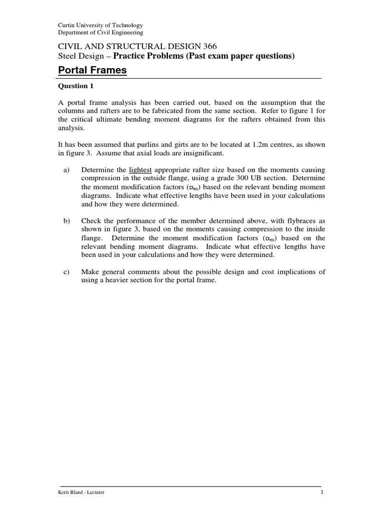 Portal Frame Practice Problems | PDF | Structural Engineering | Bending