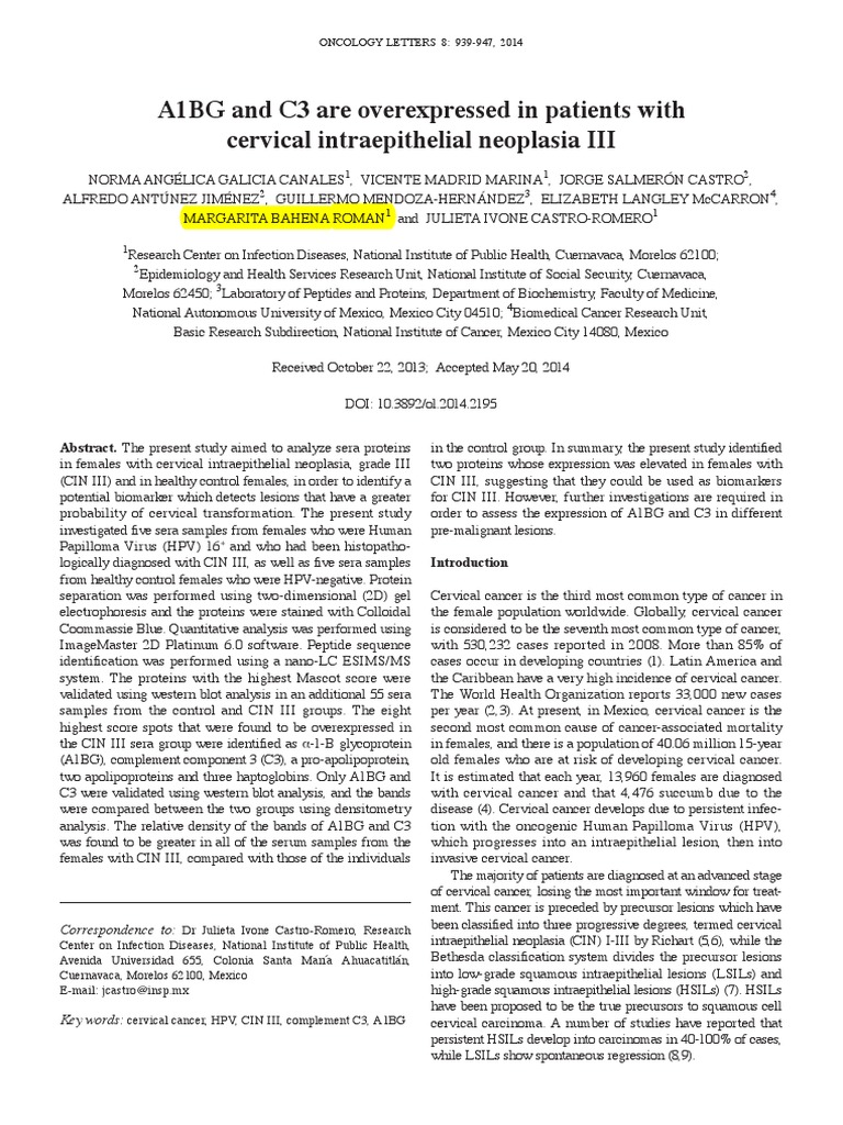 Oncology Letters 2014 | PDF | Cervical Cancer | Mass Spectrometry