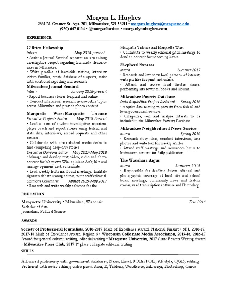 Hughes Resume 10.30.18 | PDF | Editing | Milwaukee