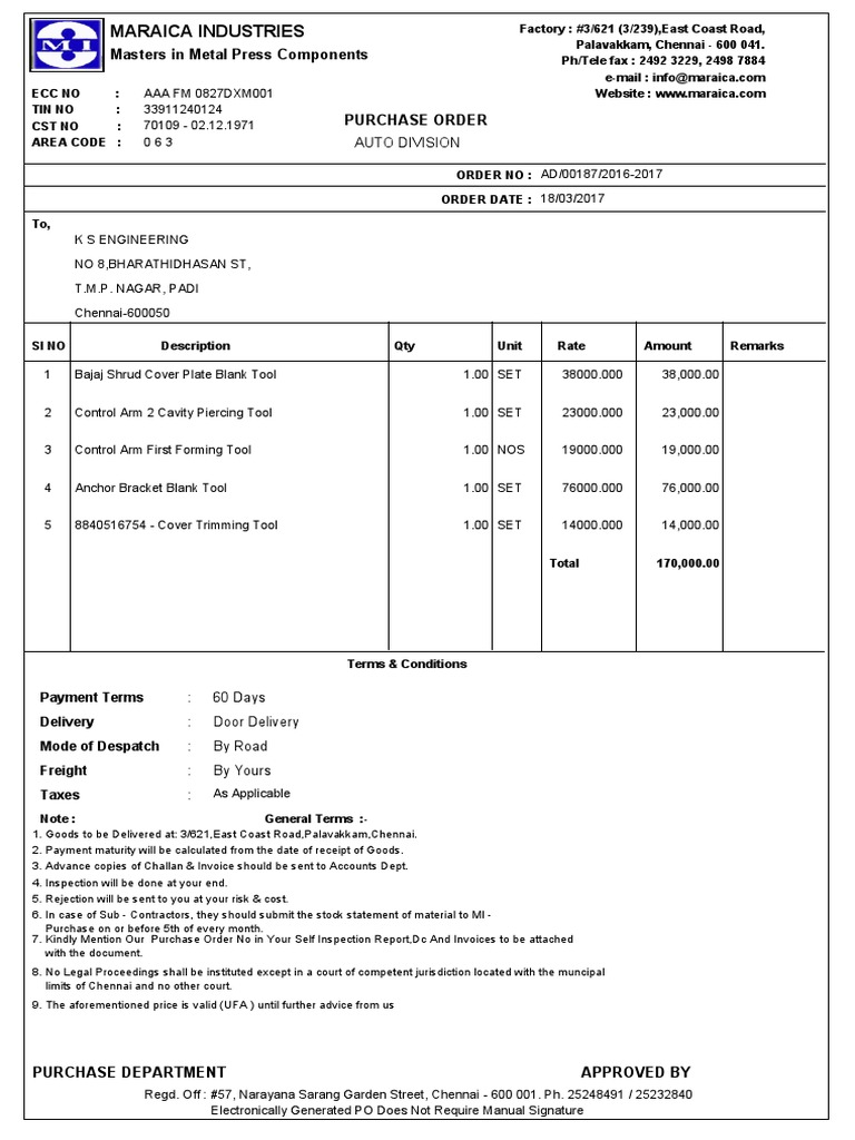 K S Engineering PO 187 | PDF | Invoice | Receipt