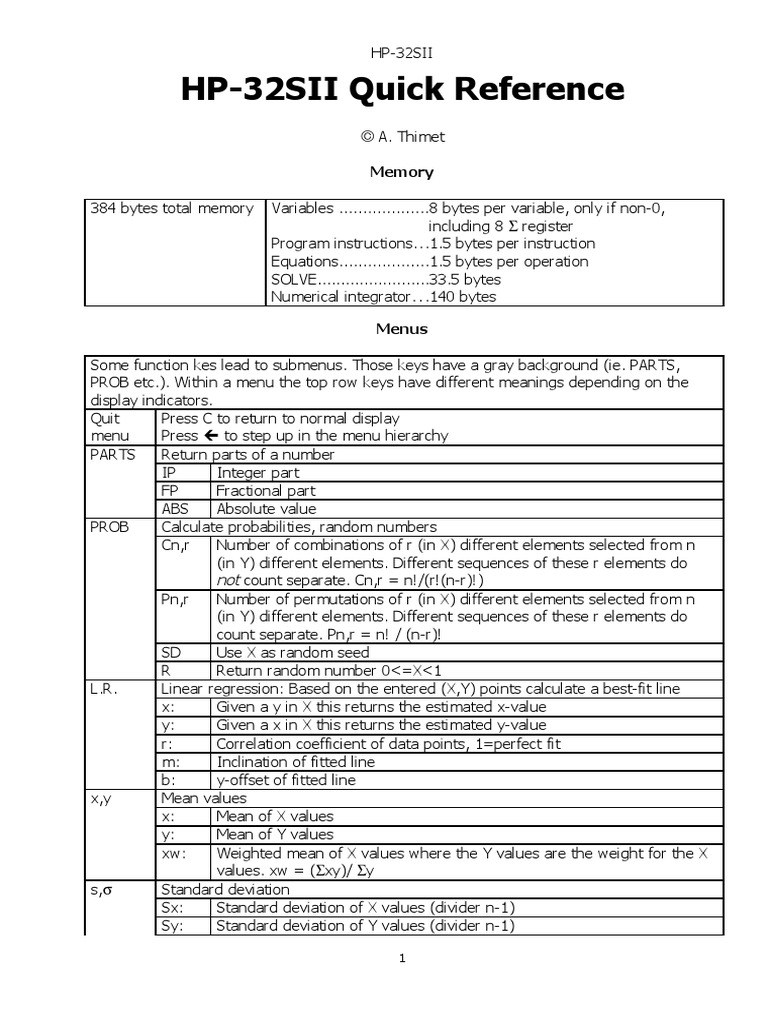 HP-32SII Quick Reference Guide | PDF | Integral | Equations